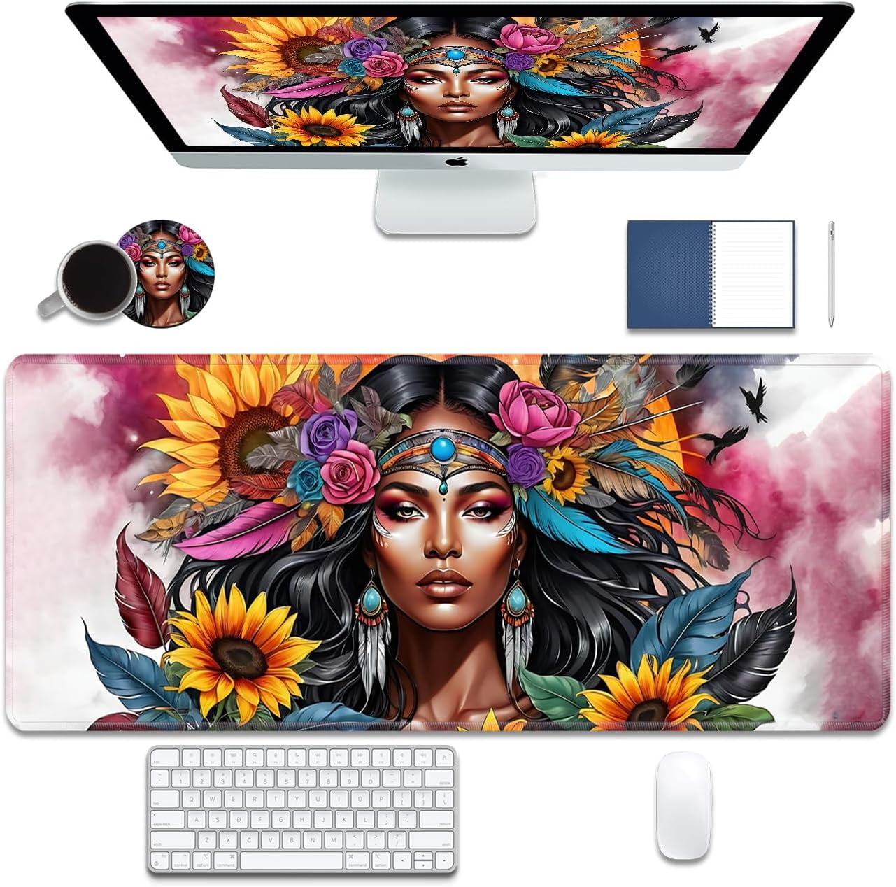 Extended Mouse Pad with Coasters, Native American Indian Girl XXL Large ...