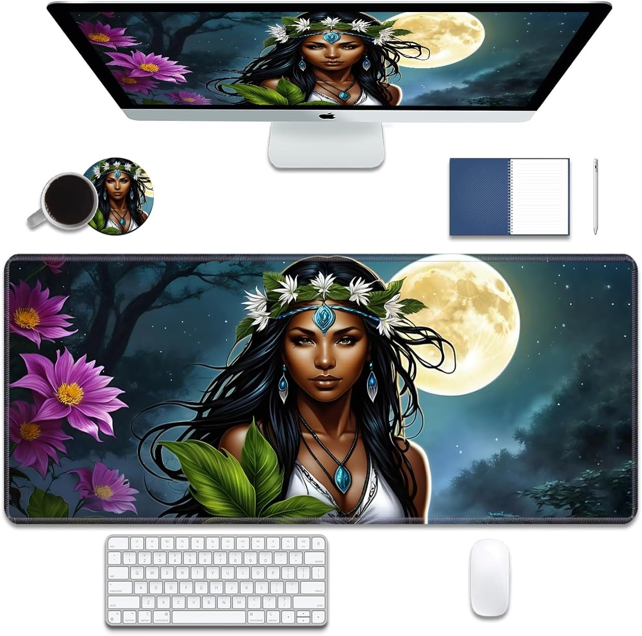 Extended Mouse Pad with Coasters, Native American Tribal Girl XXL Large ...
