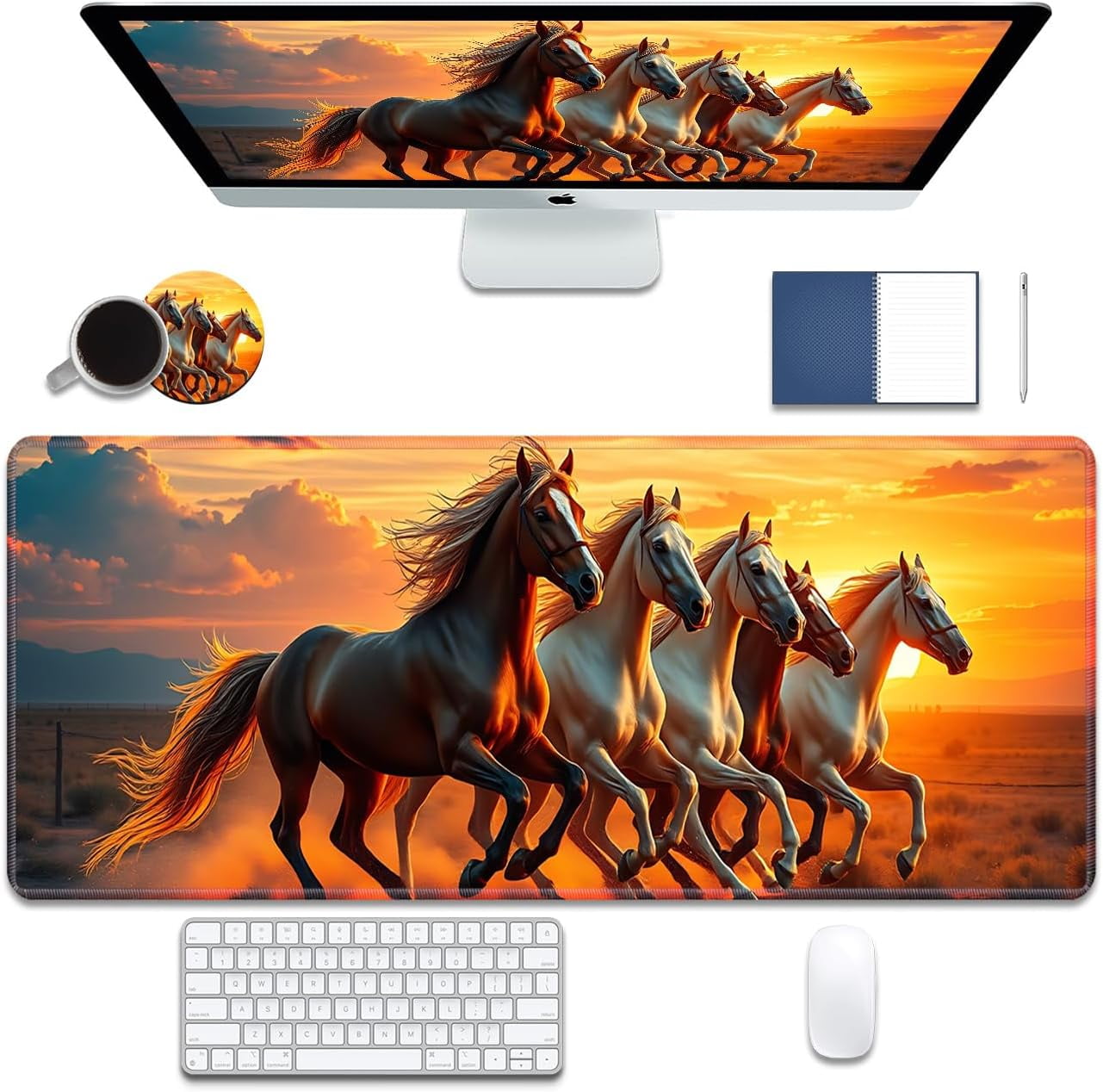 Extended Mouse Pad with Coasters, Running Horses XXL Large Gaming ...