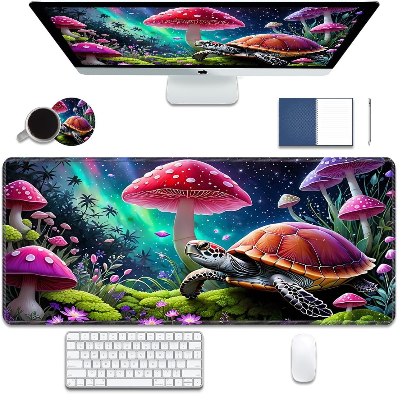 Extended Mouse Pad with Coasters, Turtle Mushroom XXL Large Gaming ...