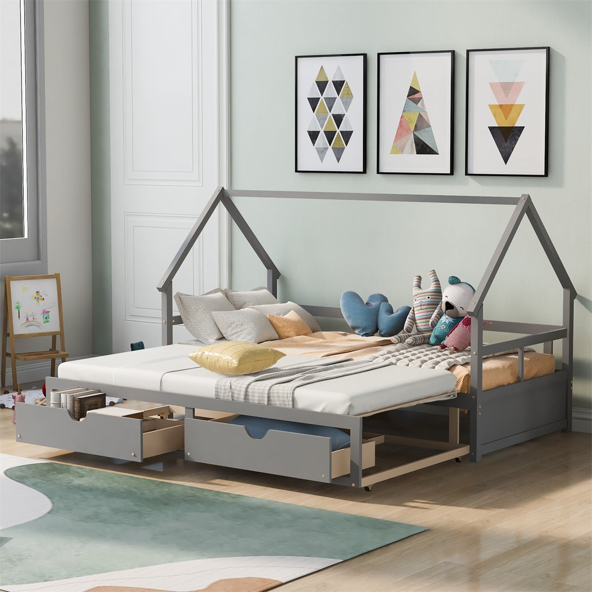 Extending Daybed with Two Drawers, Wooden House Bed with Trundle Bed ...
