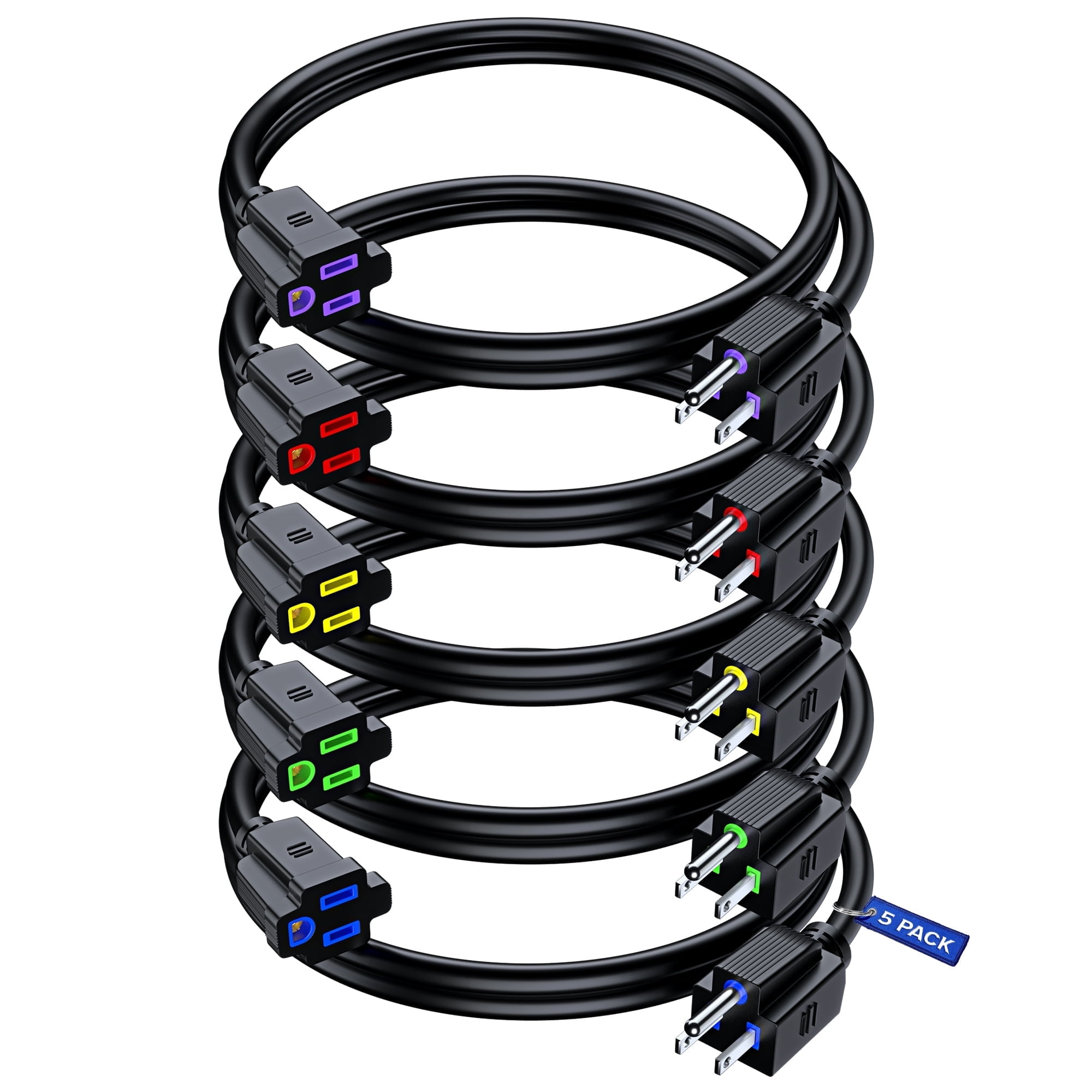 Extension Cord 1 Feet - 5 Pack - Black Power Cords Indoor 16 Gauge Wire ...