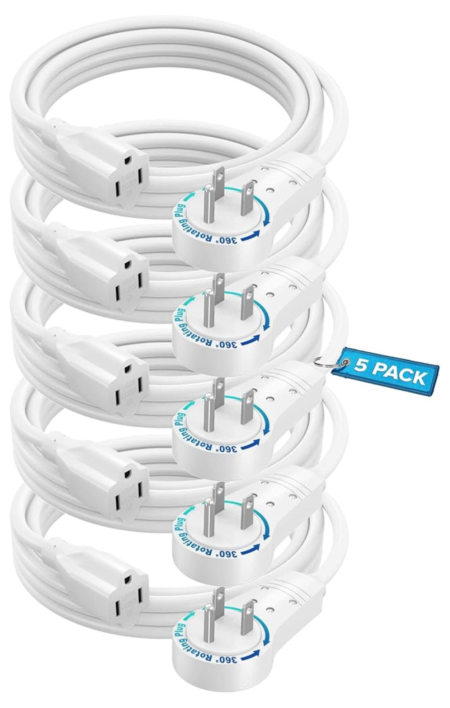 Extension Cord 10 Feet White (5 Pack) Flat Plug, 360° Rotating Short ...