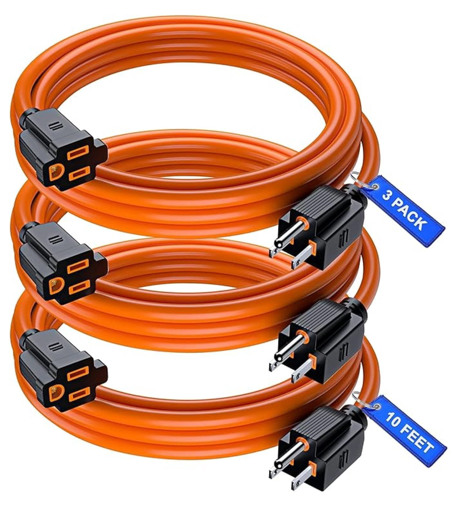 Extension Cord 10 Ft, 3 Pack Orange Power Cords Indoor 16 Gauge Wire ...