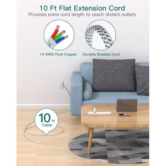 Extension Cord 10 ft - Long Power Strip Surge Protector, 6 AC Outlet 4 ...
