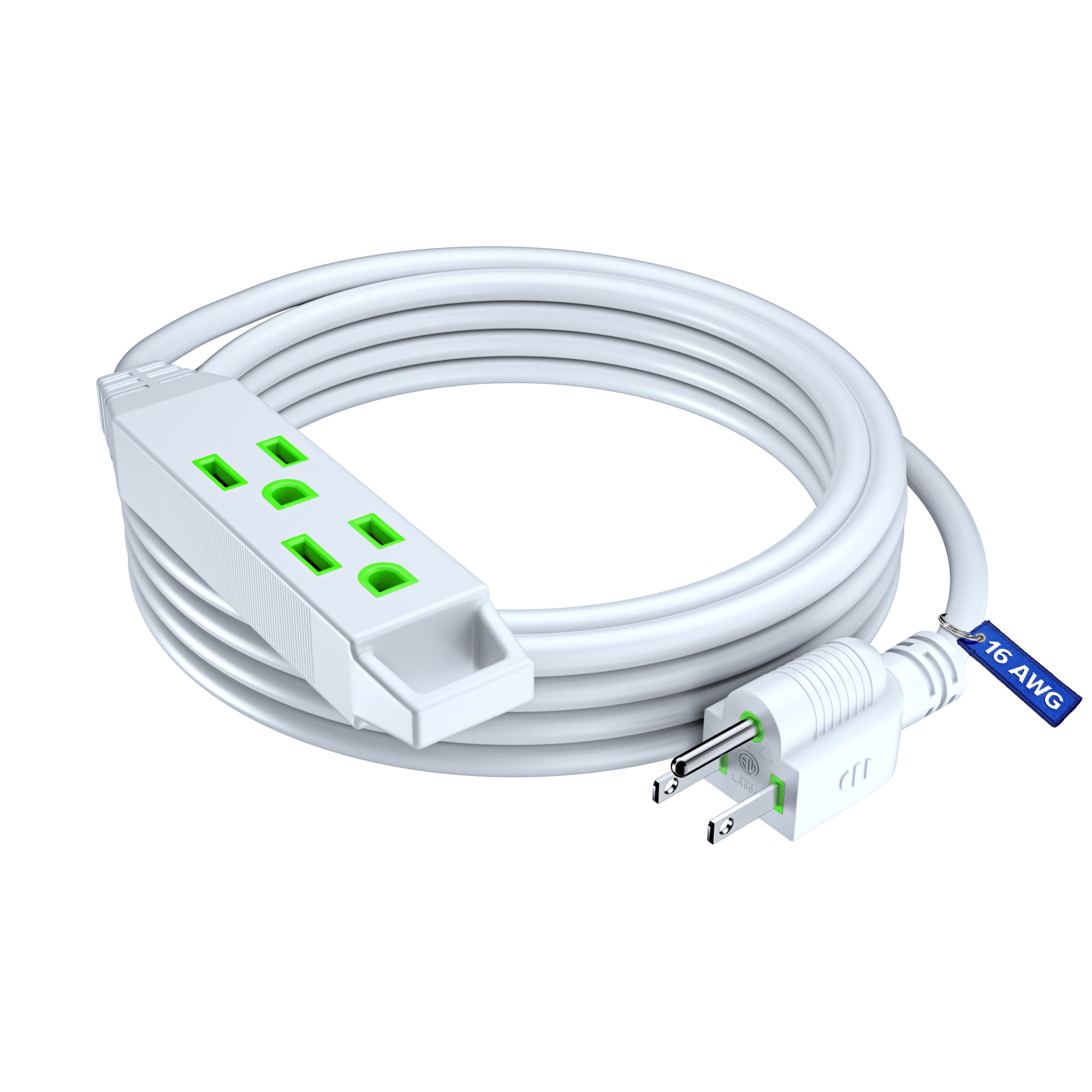 Extension Cord 15 Feet White Power Cords 4 Outlet Indoor 16 Gauge Wire ...