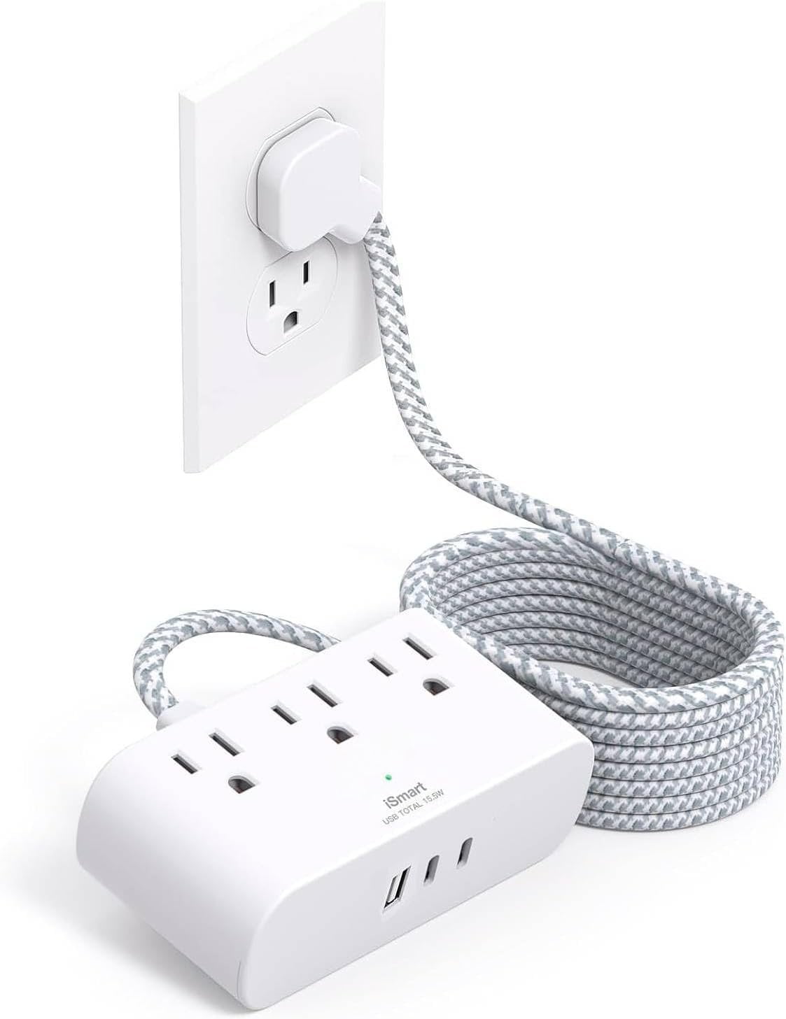 Extension Cord 15 Ft, Thin Flat Plug Power Strip with 3 Outlets 3 Ports ...