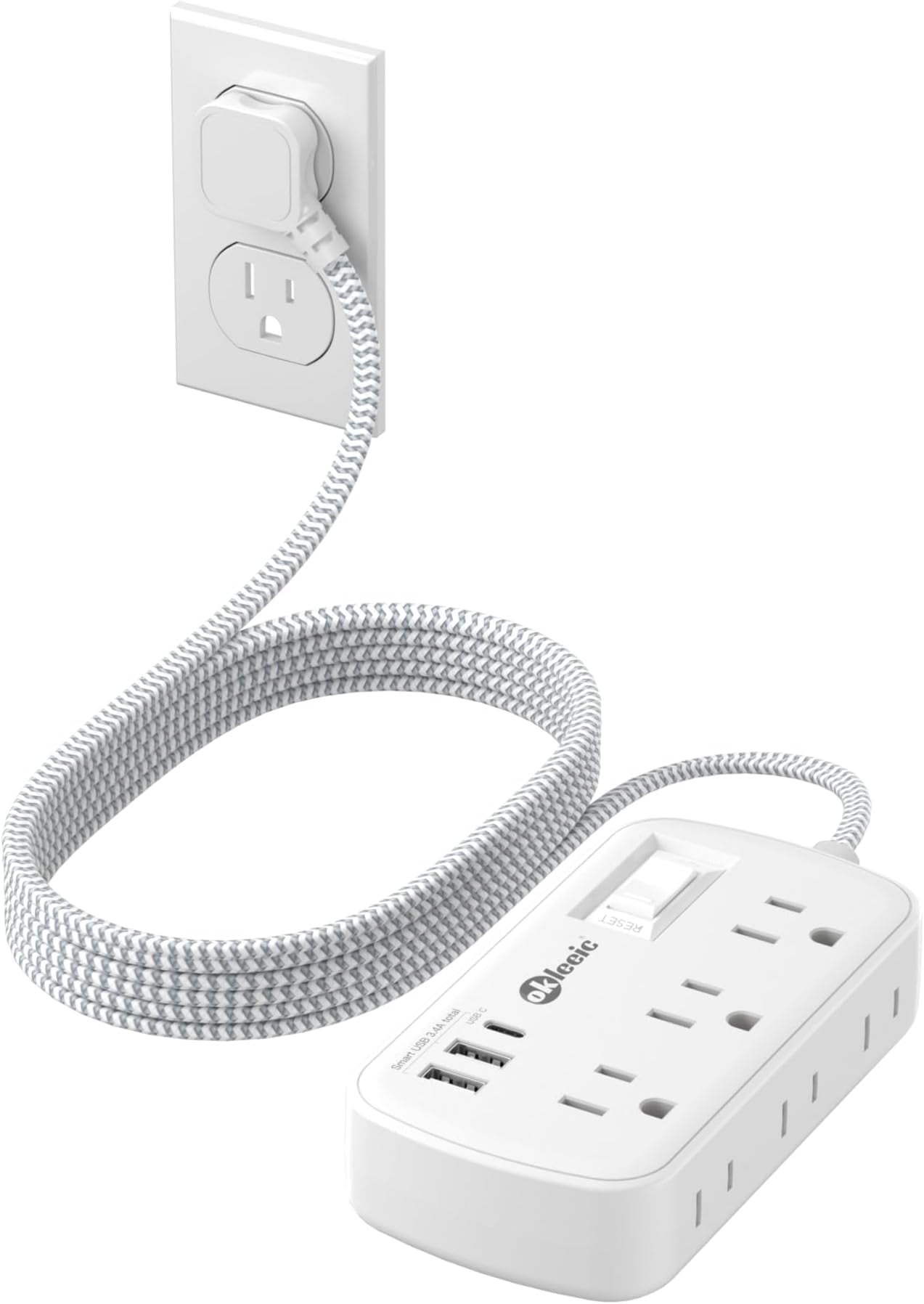 Extension Cord 15 ft - Surge Protector Power Strip Flat Plug with 6 ...