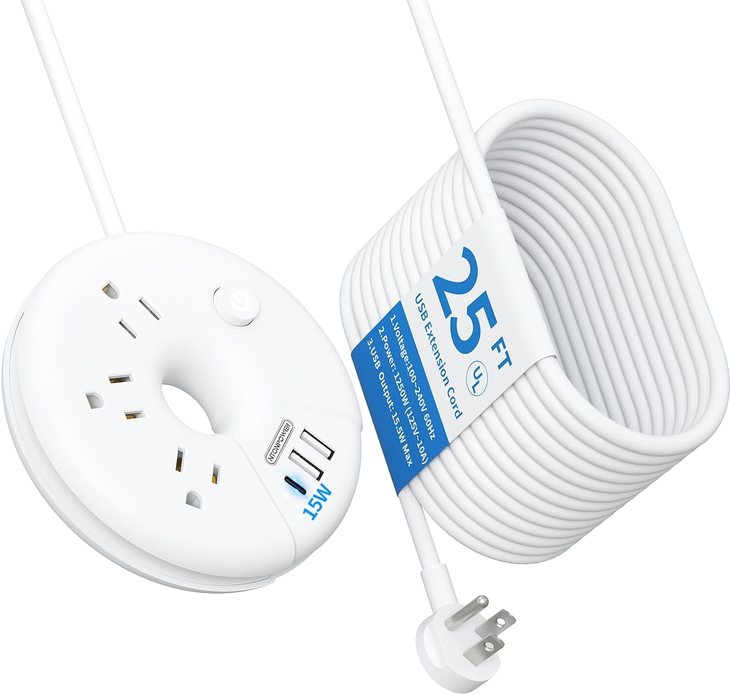 Extension Cord 25FT, NTONPOWER Extra Long Extension Cord with 3 USB ...