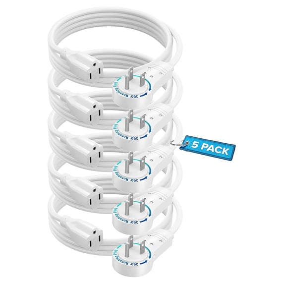 Extension Cord 3 Feet White (5 Pack) Flat Plug, 360° Rotating Short ...