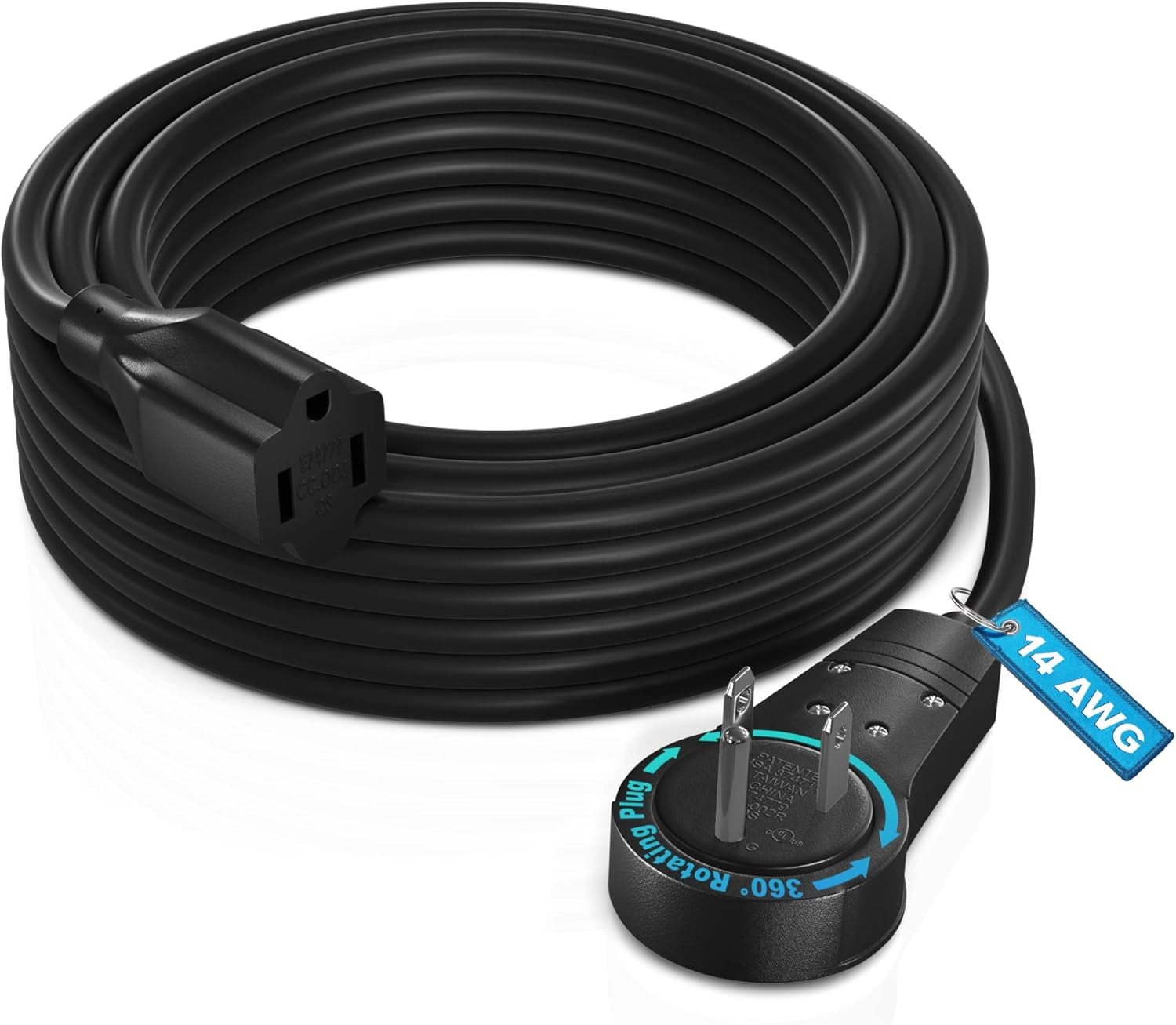 Extension Cord 30 Ft - 360? Rotating Flat Plug, 3-Prong Grounded, 14AWG ...