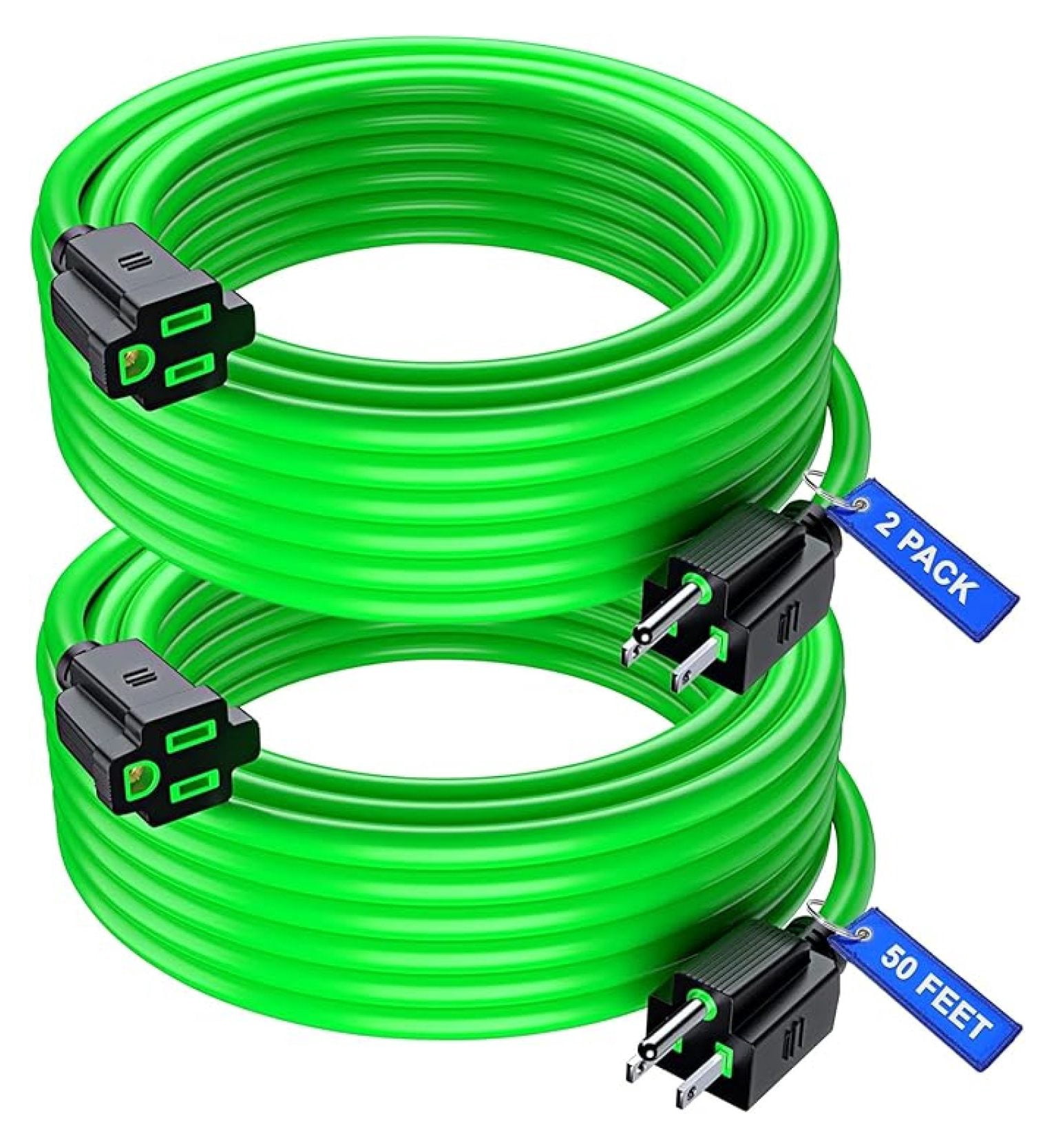 Extension Cord 50 Ft, 2 Pack Green Power Cords Indoor 16 Gauge Wire ...
