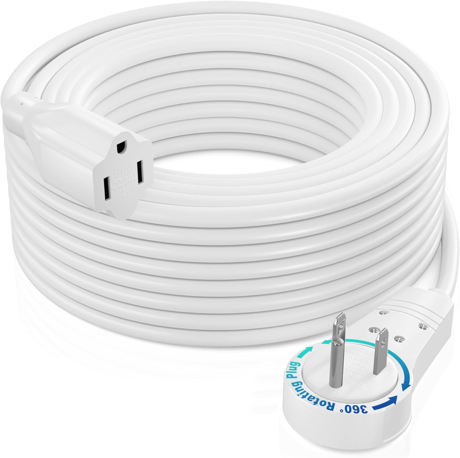 Extension Cord 50 Ft - 360? Rotating Flat Plug, 3-Prong Grounded, 14AWG ...