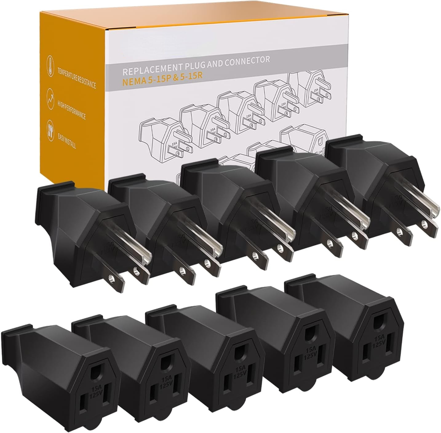 Extension Cord Ends 125V 15A 2Pole 3Wire Male Plug and Female Connector ...