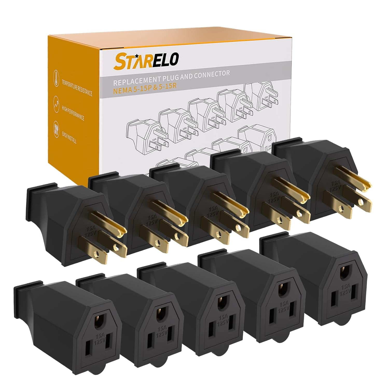 Extension Cord Ends 125V 15A 2Pole 3Wire Male Plug and Female Connector ...