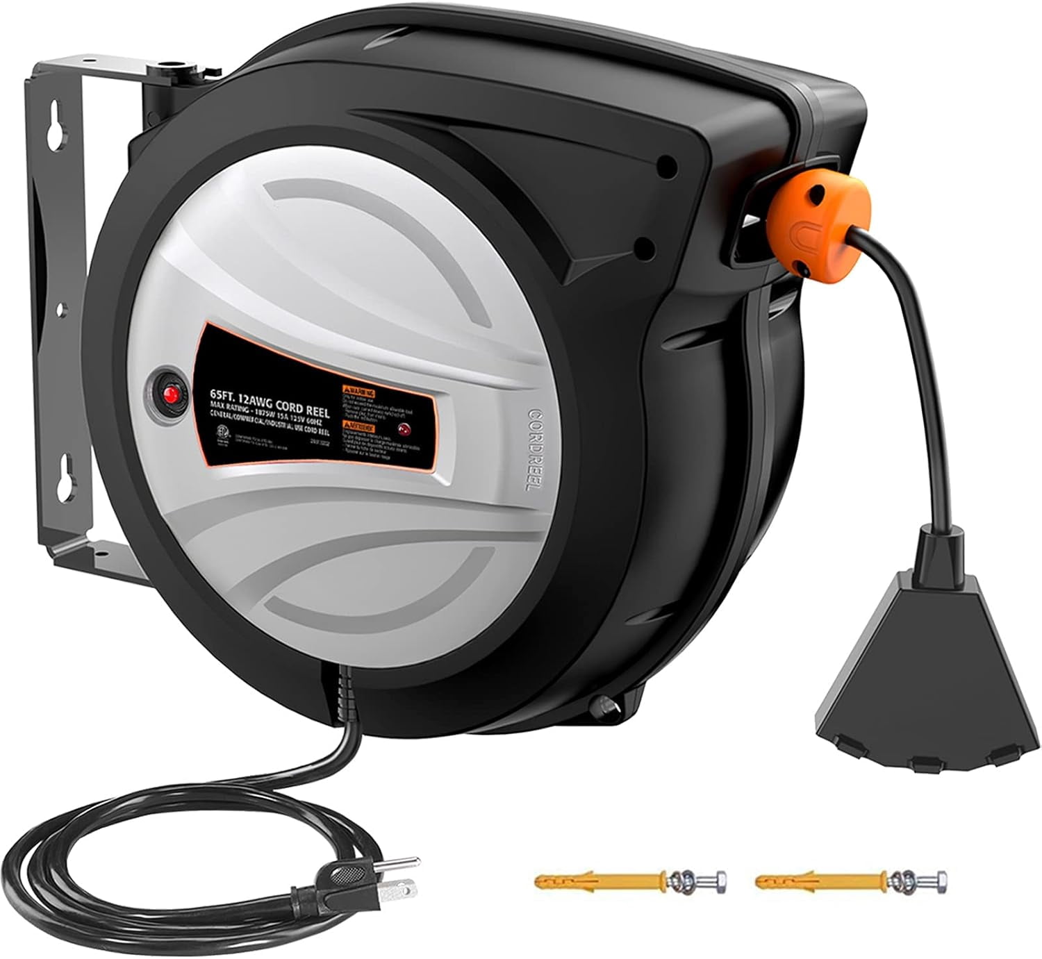 Extension Cord Reel, 65ft Retractable Extension Cord + 4.5ft/12AWG ...