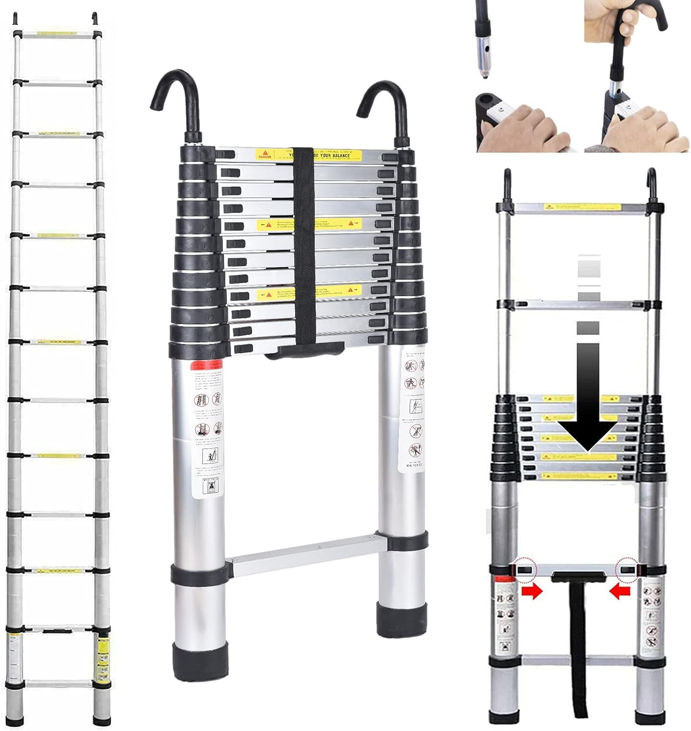 Extension Ladder 16.4 FT Telescoping Ladder with 2 Detachable Hooks ...
