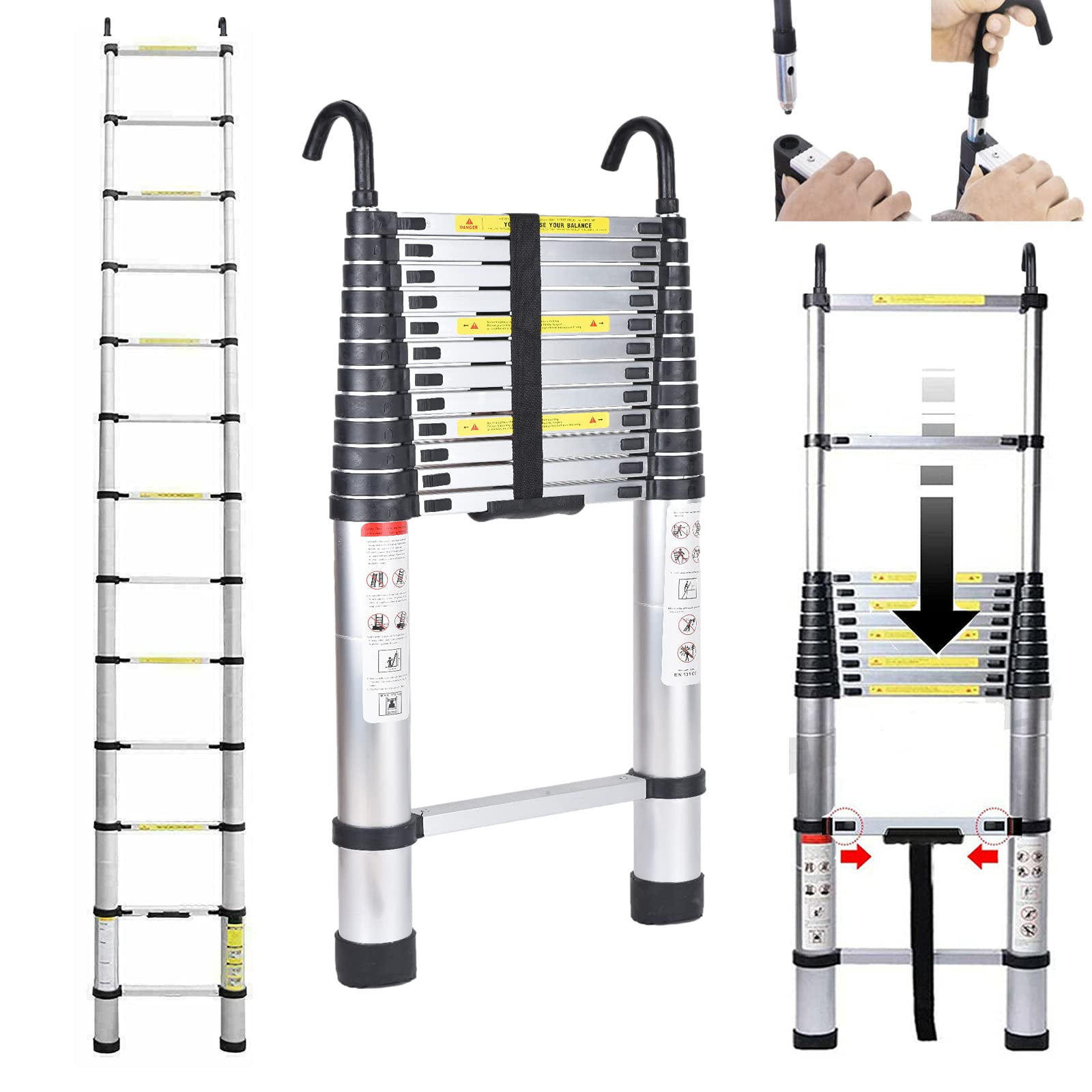 Extension Ladder 16.4 FT Telescoping Ladder with 2 Detachable Hooks ...