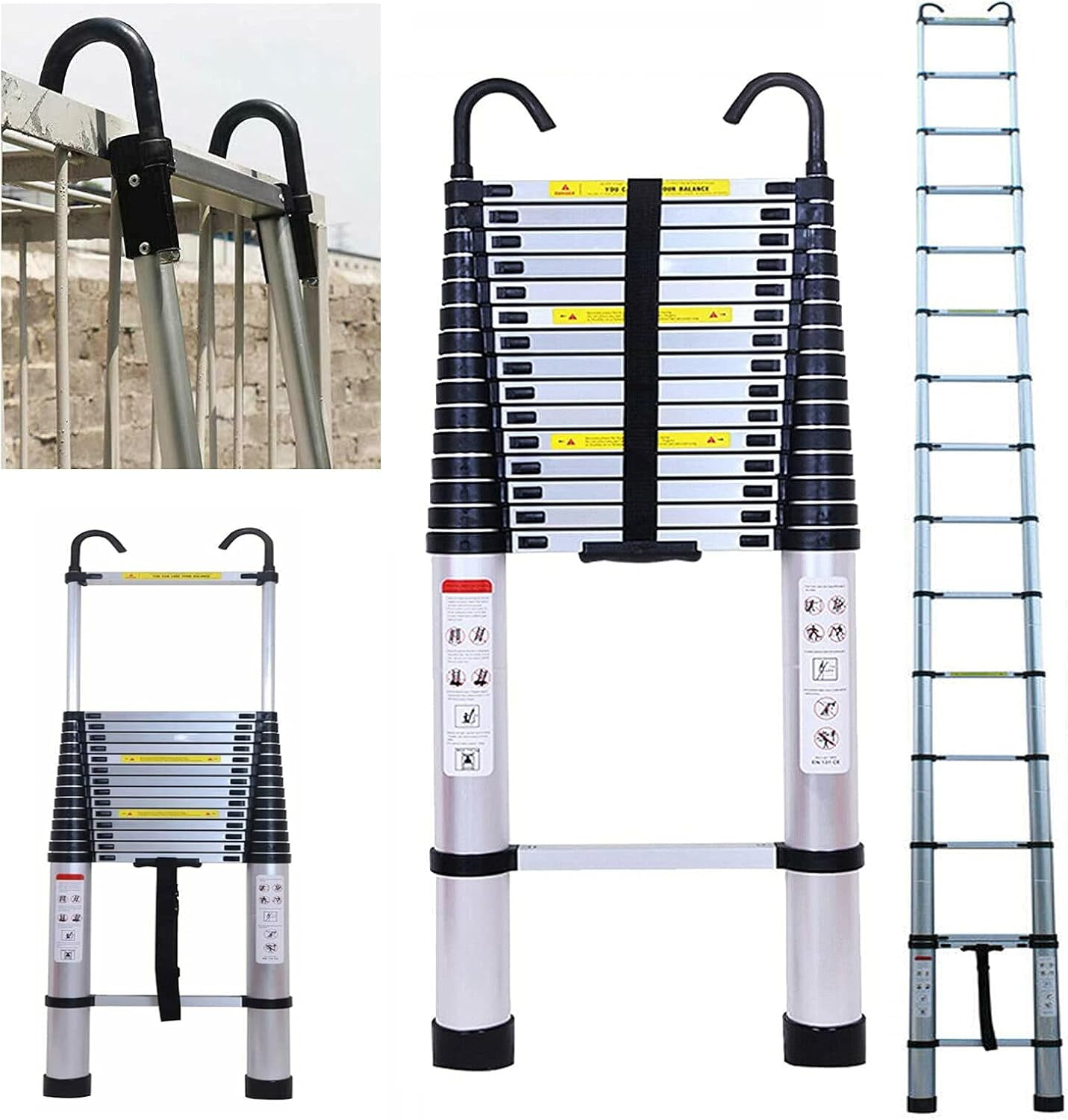 Extension Ladder 20.34 FT Telescoping Ladder with 2 Detachable Hooks ...