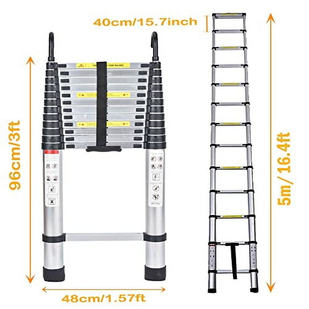 Extension Ladder with Detachable Hooks 16.4FT, One-Button Retractable ...