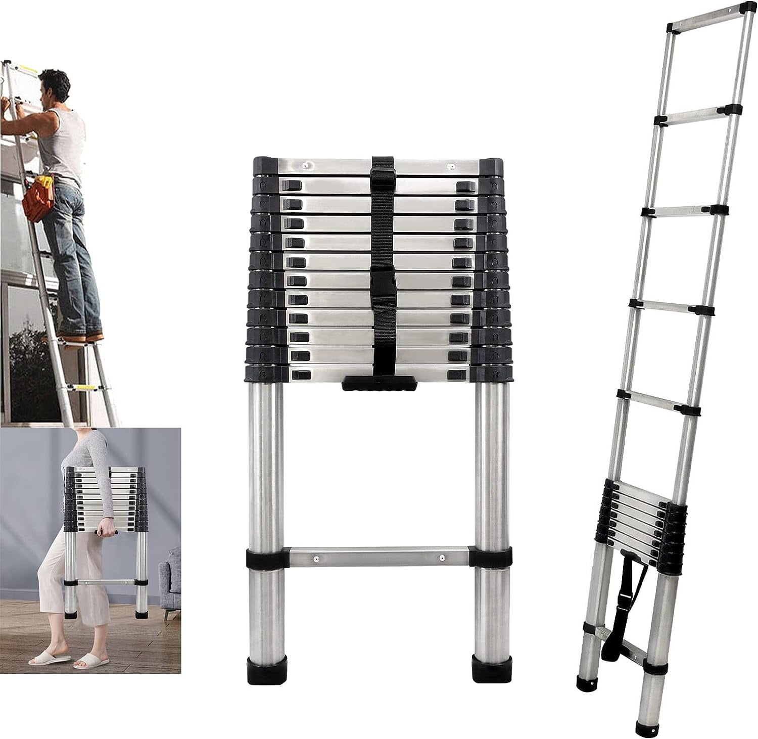 Telescoping Ladder 12 FT Extension Ladder Roof Ladder, Stainless Steel ...