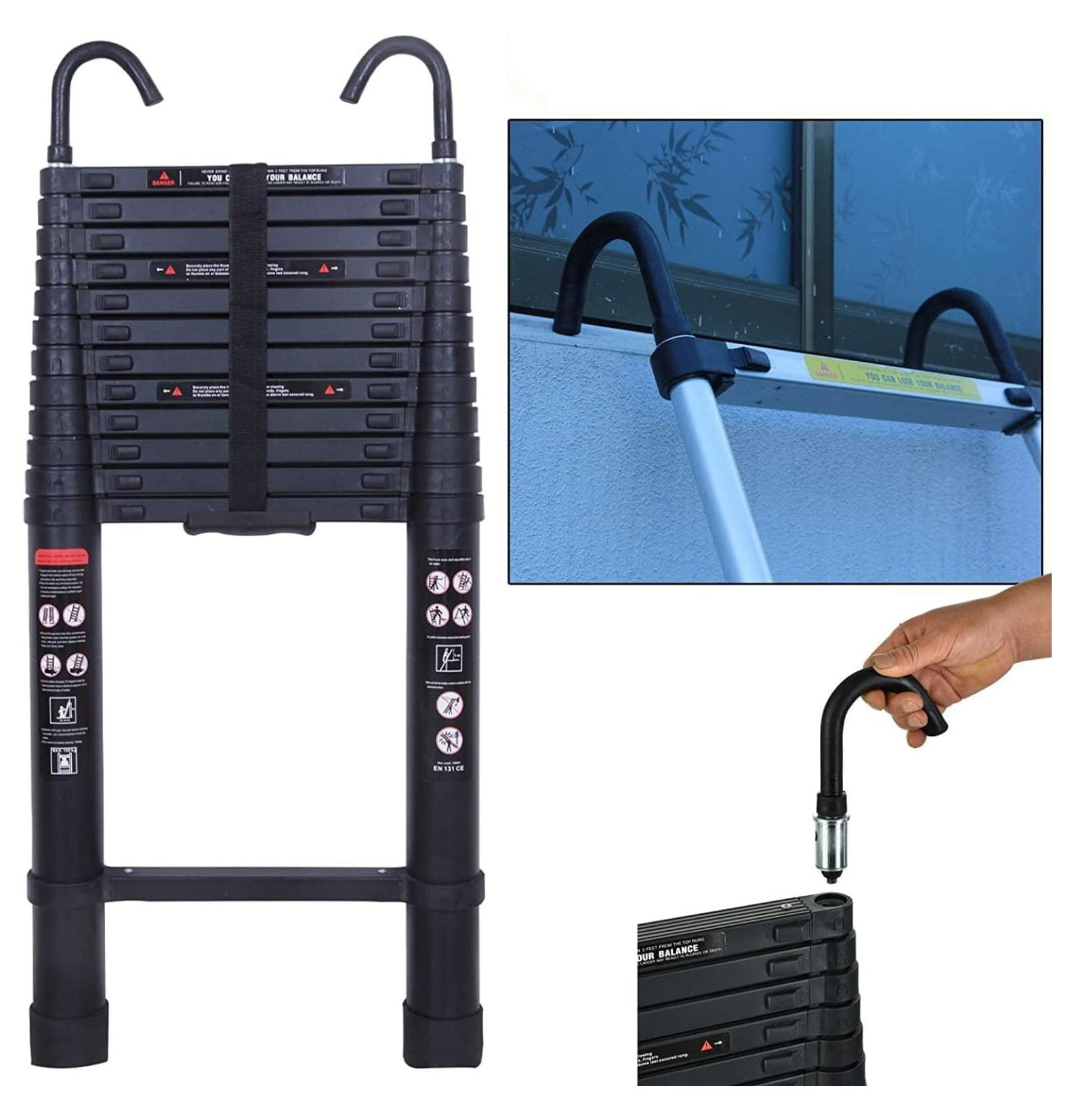 Extension Ladder w/Detachable Hook 16.5ft Telescoping Ladder Aluminum ...