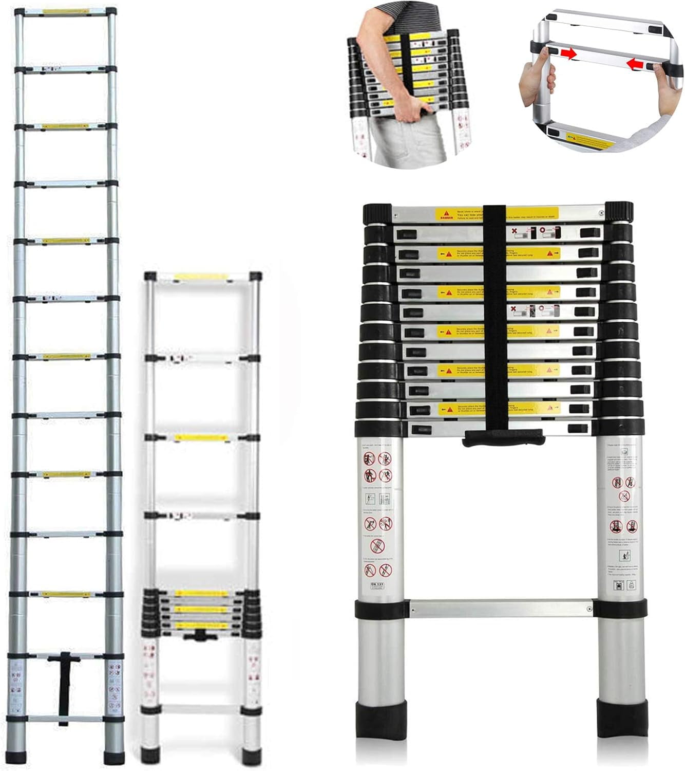 Extension Ladders 12.5ft Aluminum Retractable Stepladder Folding ...
