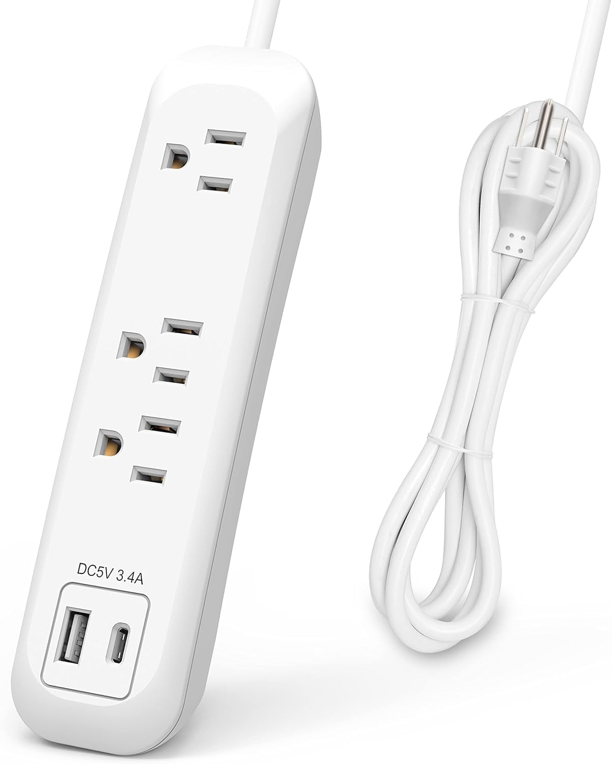 Plug'n Extension Cord with 3 Outlets, 2 USB Ports, 6-Foot White Surge ...