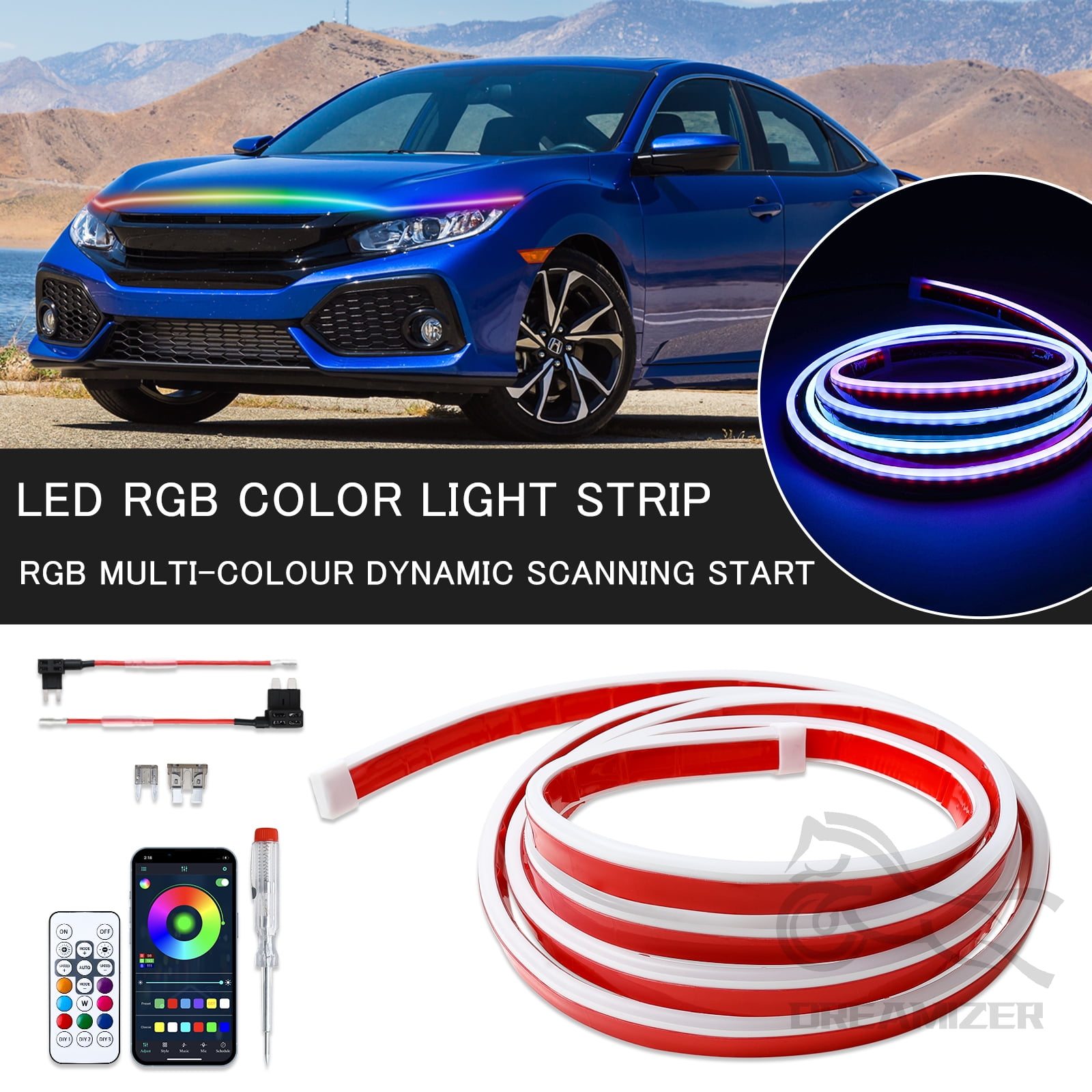 Exterior Car LED Hood Light Strip,RGB Multicolor Dynamic Scan Start Up ...