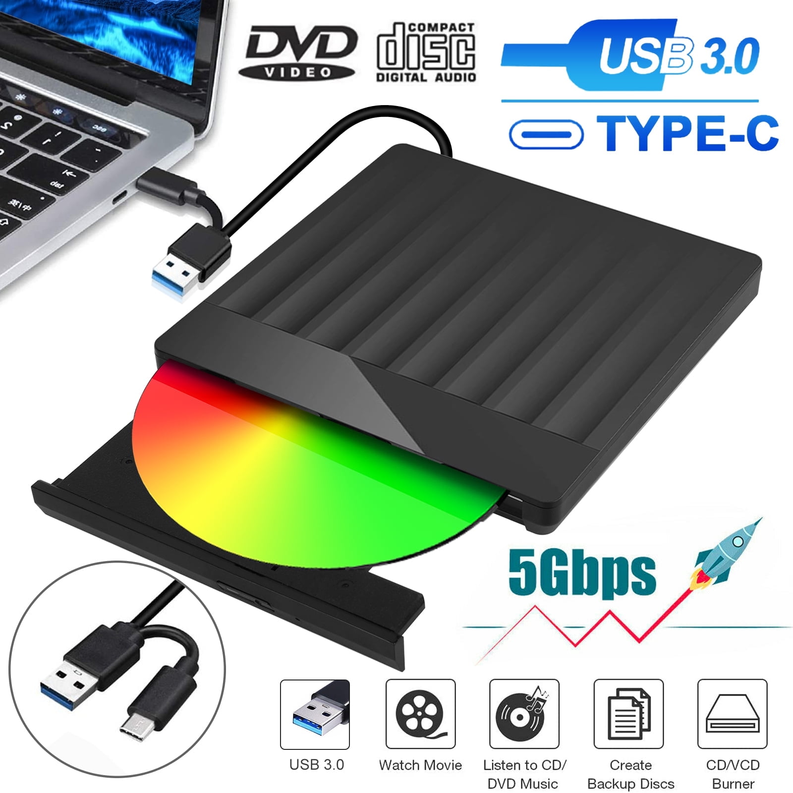 External CD DVD Drive Burner USB 3.0 Type-C Portable CD/DVD ROM +/-RW ...