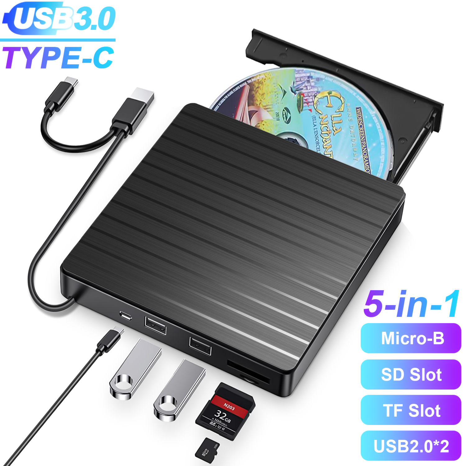 External CD DVD Drive for Laptop, 5-in-1 USB C Portable CD/DVD +/-RW ...