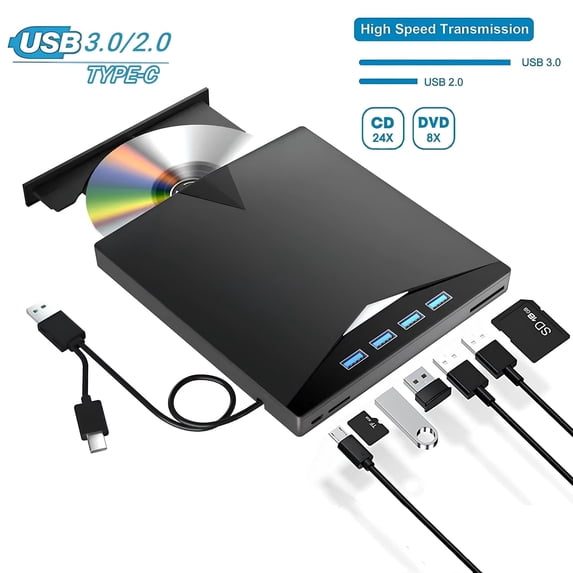 SINYWAY External CD DVD Drive, 7-in-1 USB 3.0 Type-C Portable DVD ...