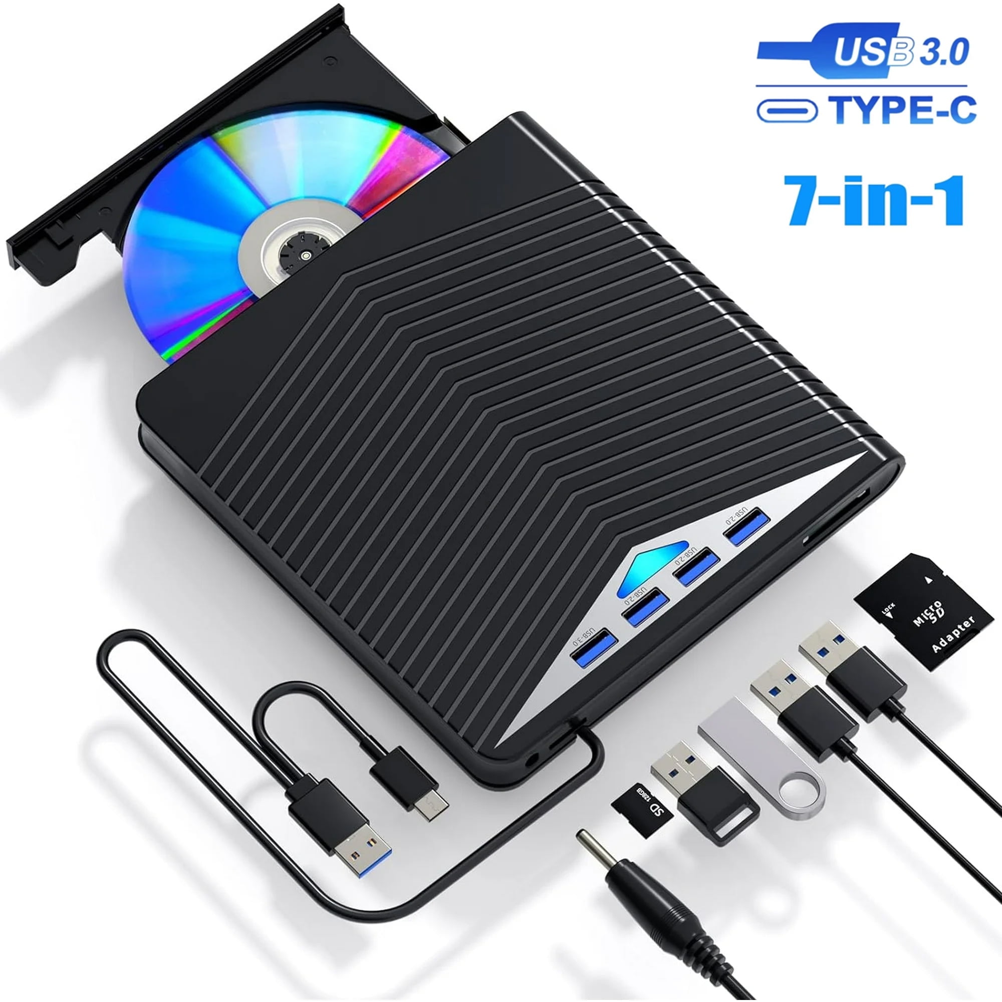 External CD/DVD Drive for Laptop, 7 IN 1 USB 3.0 Type-C Ultra-Slim ...