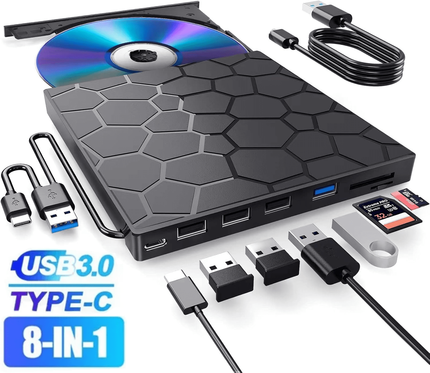 AQGOELU External CD/DVD Drive, Portable USB 3.0 Disc Reader Writer, 8 ...