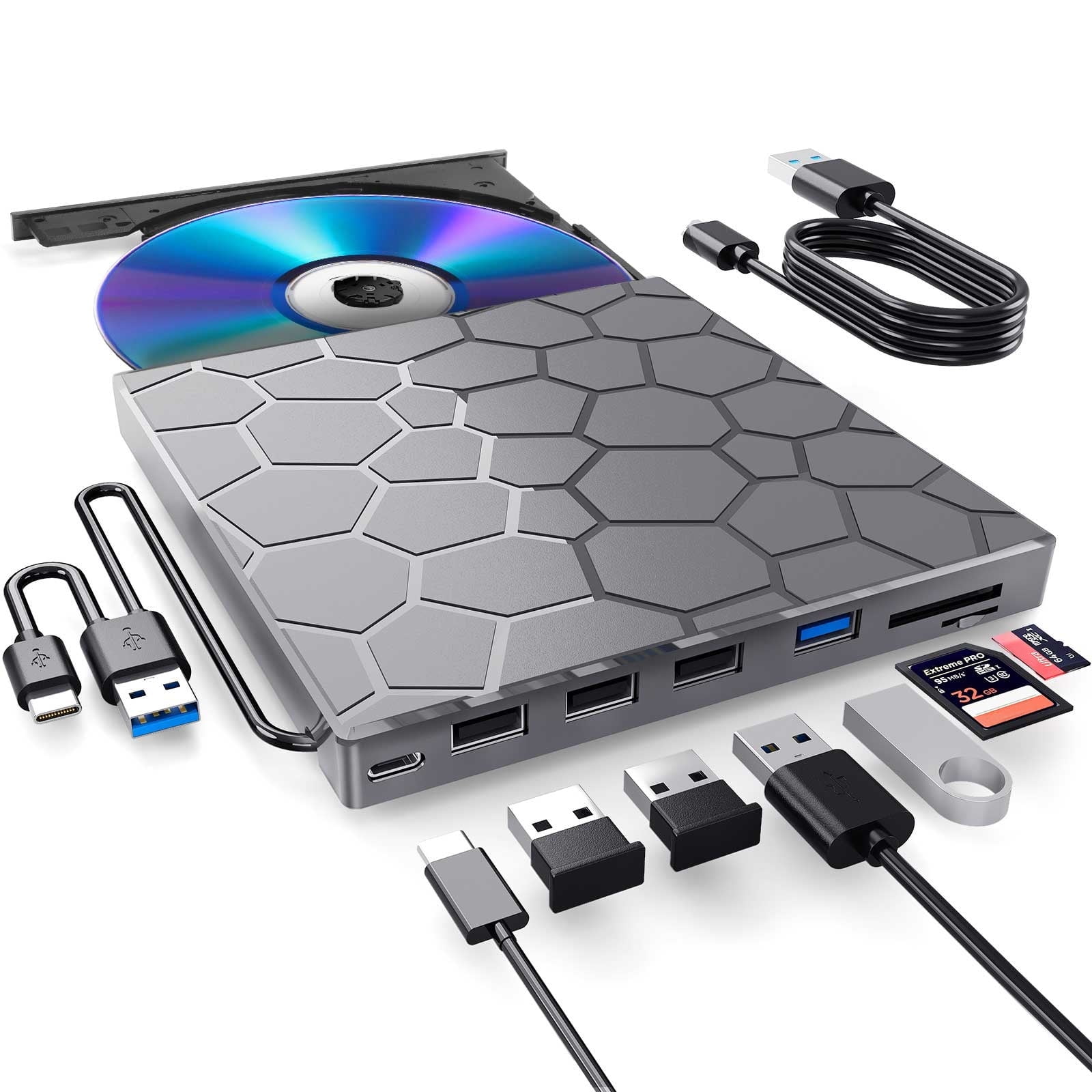 External CD/DVD Drive for Laptop, DVD Player for Laptop, 8 in 1 USB 3.0 ...