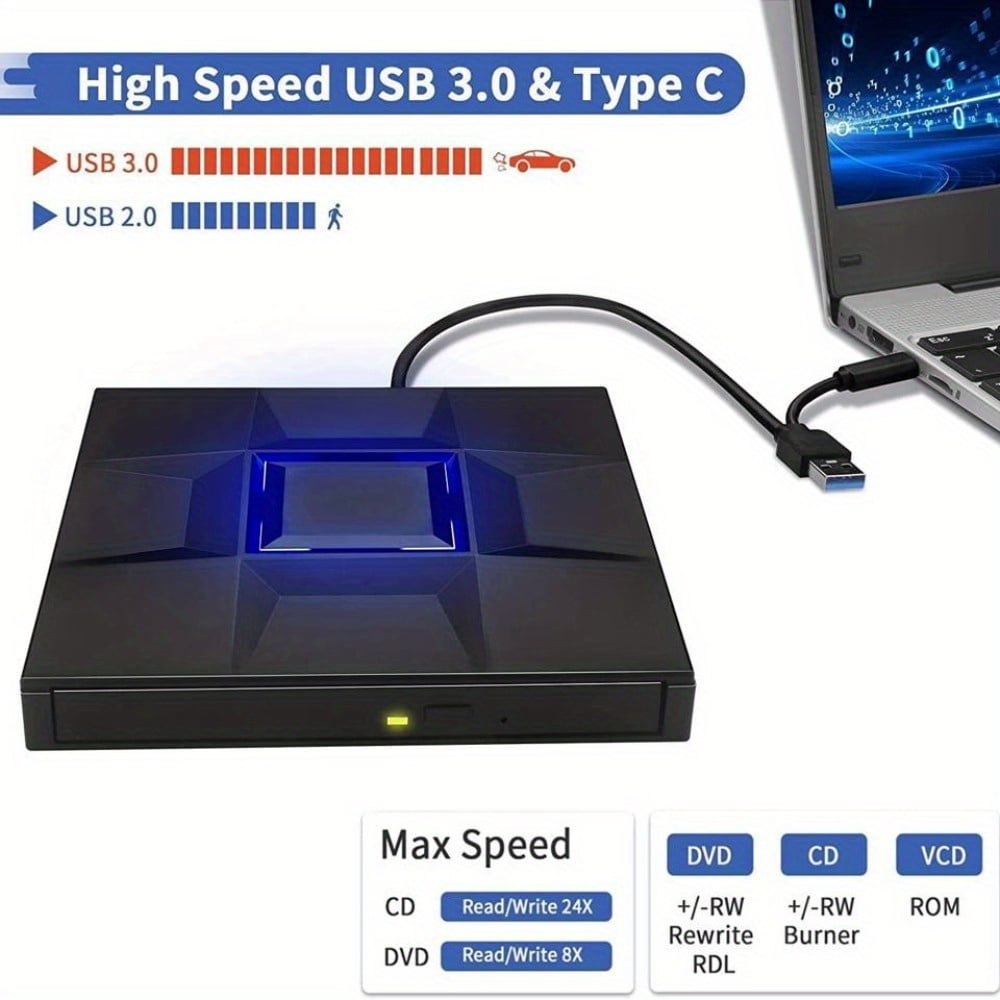 External CD / DVD Drive, USB 3.0 Type C 2-in-1 Portable CD ROM External ...