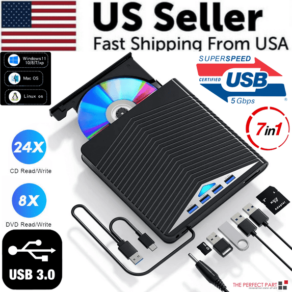 External CD DVD Drive for PC Laptop Windows 11 10 USB 3.0 Burner Reader ...