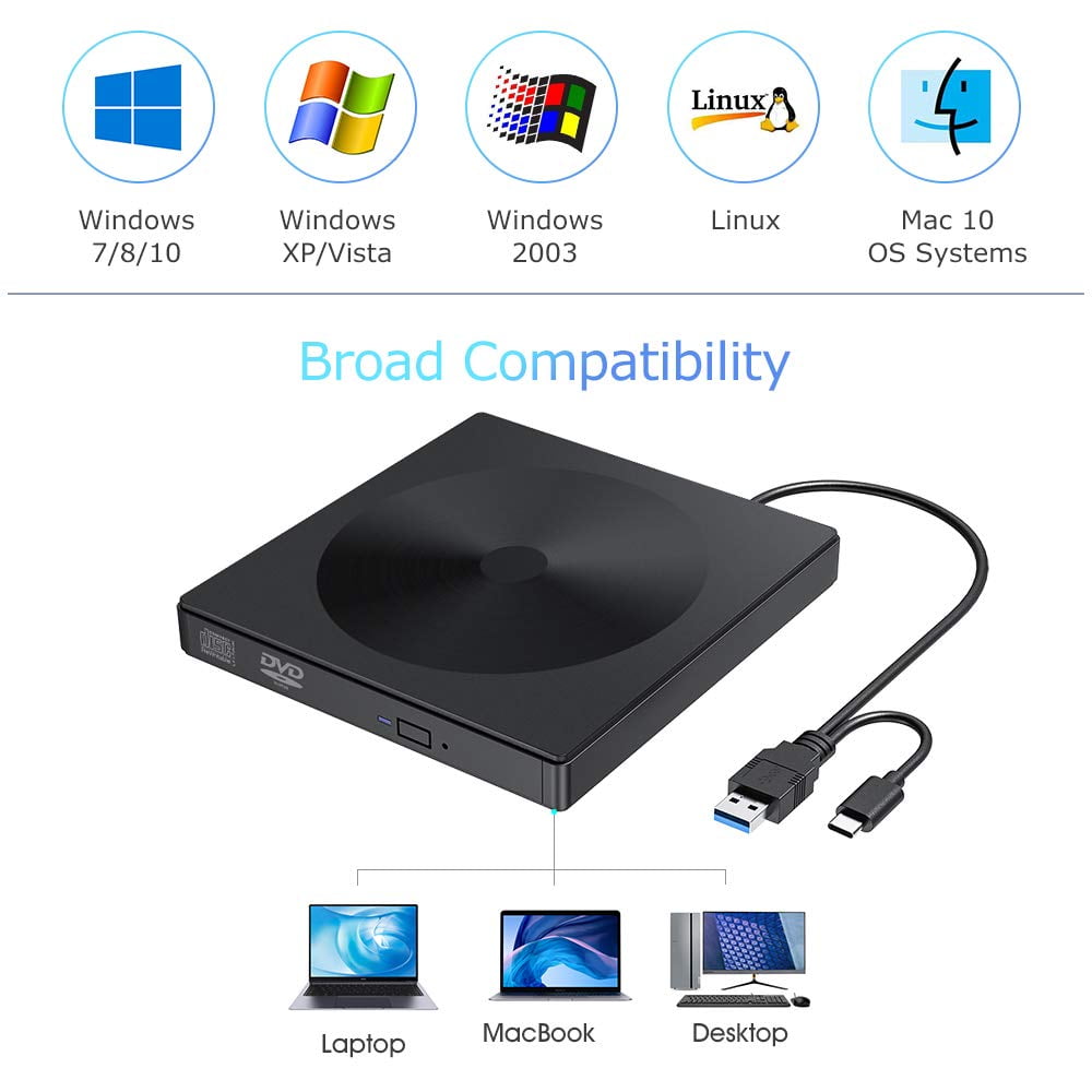 External CD DVD +/-RW Drive USB 3.0 Type-C Portable CD/DVD ROM Optical ...