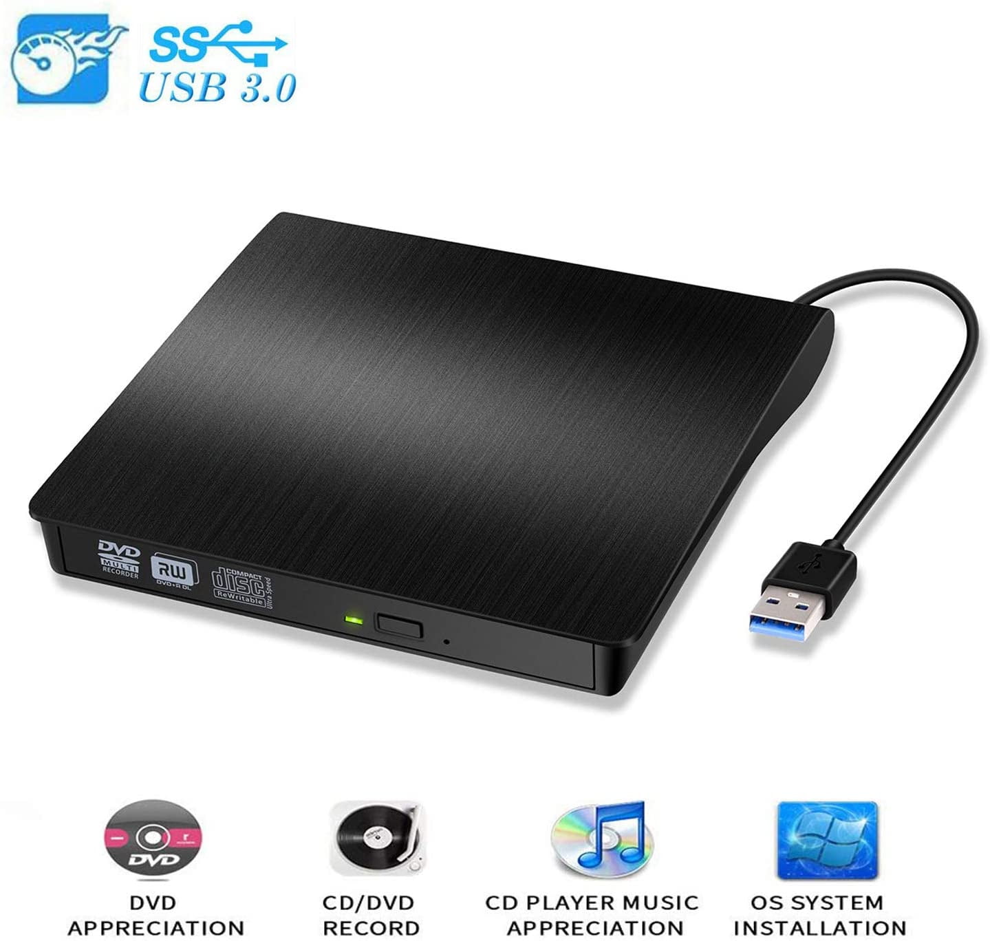 External CD Drive, USB 3.0 Portable CD/DVD +/-RW Drive Slim DVD/CD ROM ...