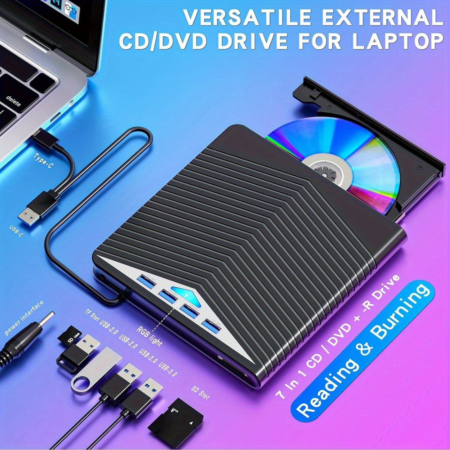 External DVD Drive with USB 3.0 and Type-C, CD DVD Burner with USB Hub ...