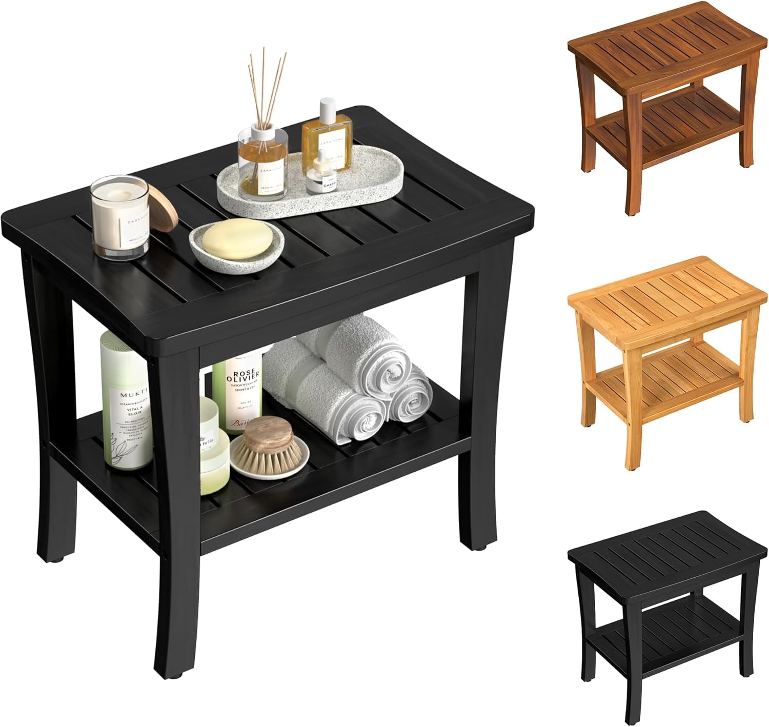 Extra Bamboo Black Shower Bench Stool Waterproof Shower Chair Spa Bath ...