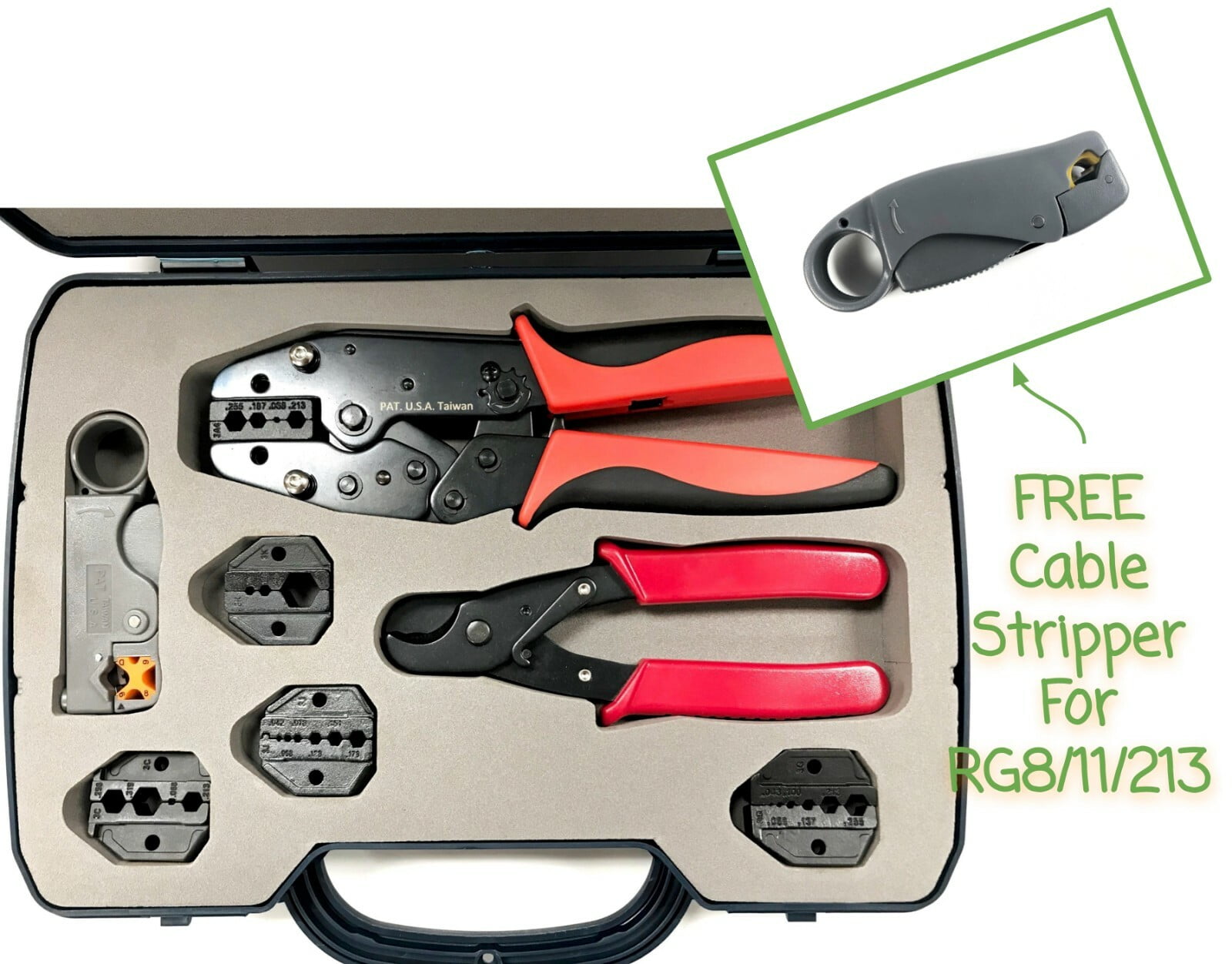 Extra FREE STRIPPER Quick Change RF Coax Crimper Kit Cutter RG8 RG58 ...