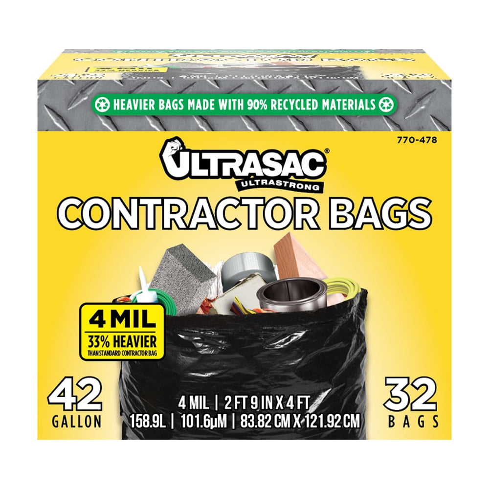 Extra Heavy Duty Contractor Bags - 42 Gallon, 4 Mil (32 Pack w/Ties ...