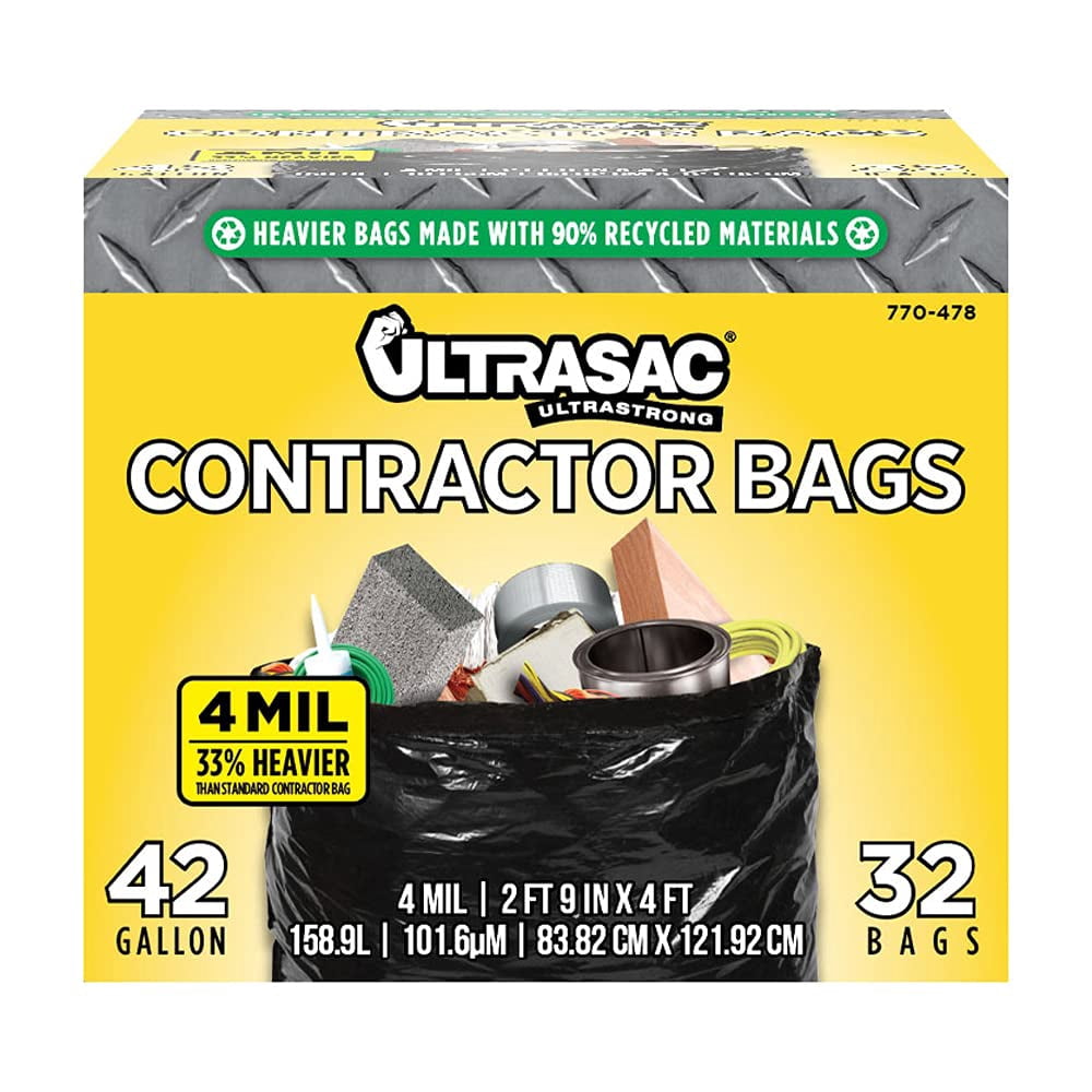 Extra Heavy Duty Contractor Bags - 42 gallons 4 Mil (32 Pack w/Ties ...