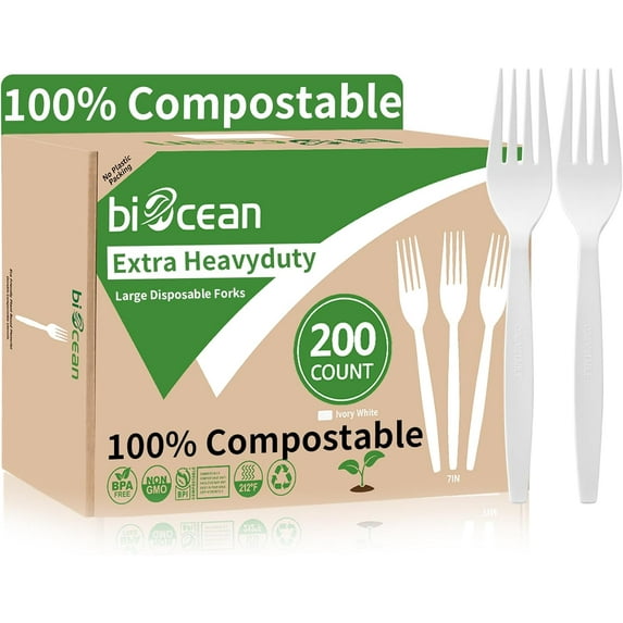 Extra Heavyduty Compostable Forks [200 Count,7In] Disposable Cutlery No ...