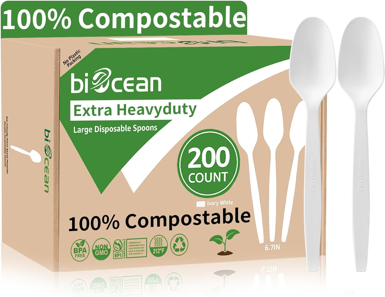 Extra Heavyduty Compostable Spoons [200 Count,6.7In] Disposable Cutlery ...