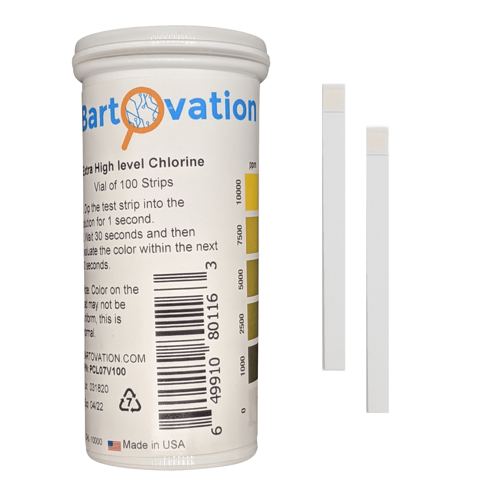 Extra High-Level Chlorine Test Strips, 0-10,000 ppm [Vial of 100 Strips ...