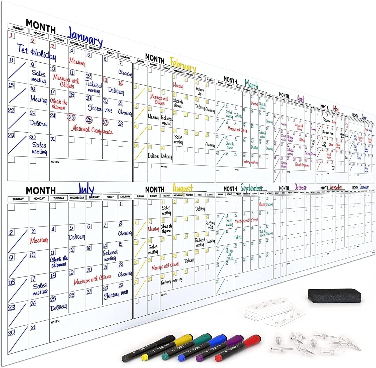 Extra Large 100"x36" White Board Calendar Dry Erase Calendar for Wall ...