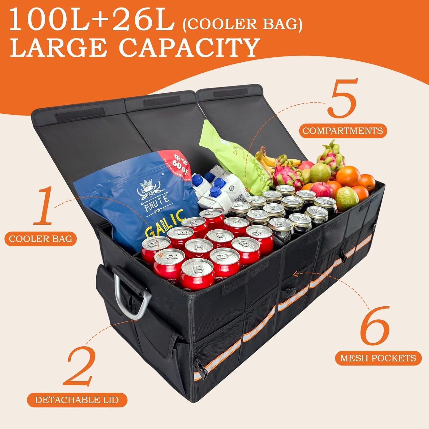 Extra Large 100L Foldable Car Trunk Organizer with Lid & 26L Cooler Bag ...