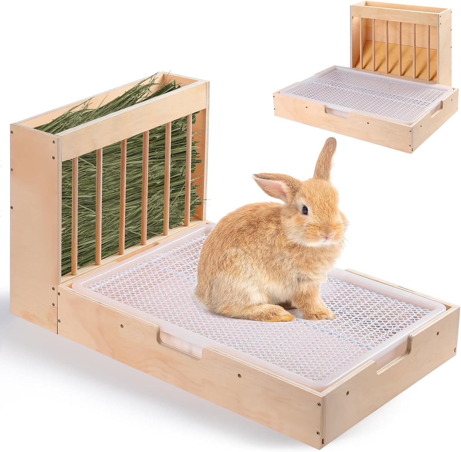 Extra-Large 2-in-1 Rabbit Hay Feeder & Litter Box Set, Wood, Mess Proof ...